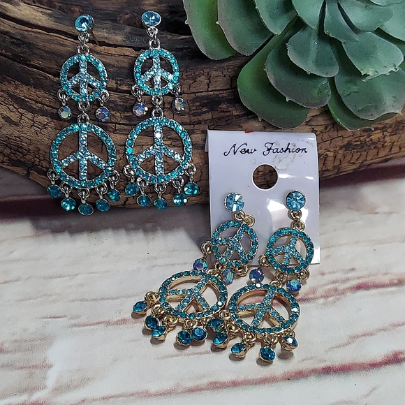 Jesi's Fashionz | Jewelry | E66 Blue Crystal Peace Sign Dangle Earrings ...
